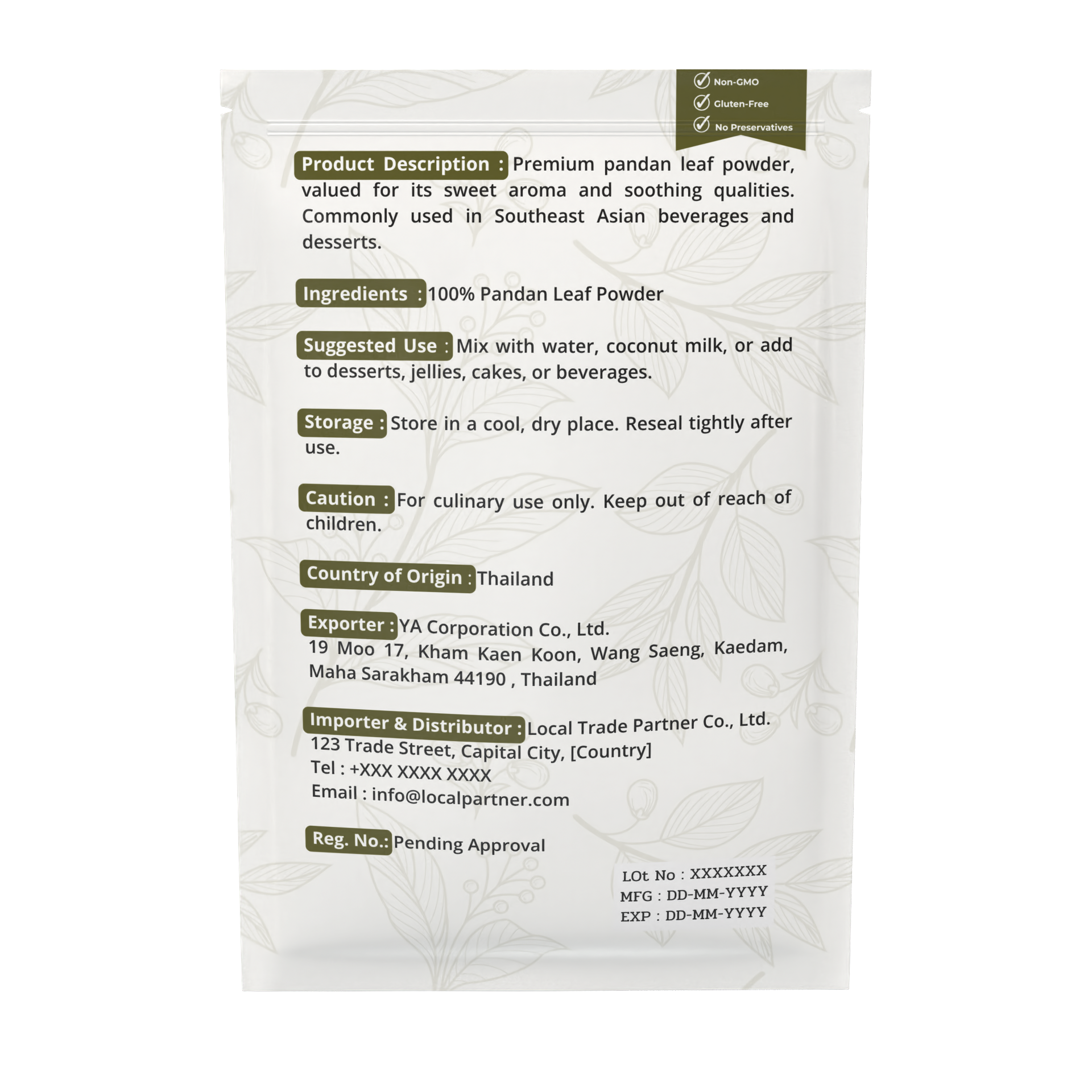 100% Pure Pandanus Leaf Powder – 100 g – YA Corporation Co., Ltd.